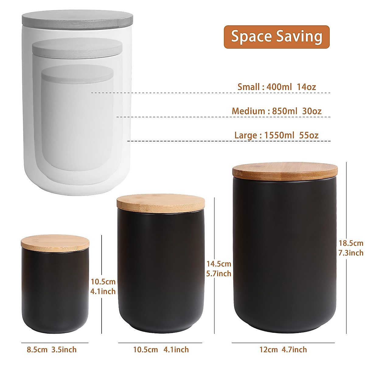 ZEBERBO Kitchen Canisters Airtight set with Bamboo Lid, Ceramic Canister Set of 3, Sugar Flour Coffee Containers for Countertop, Food Storage Container Jars Set for Sugar Tea Flour Sugar Beans