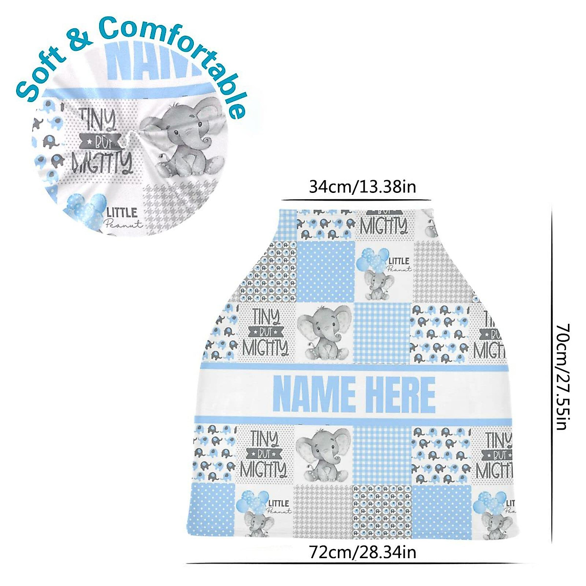 Personalized Cute Elephant Baby Car Seat Cover for Babies with Name, Custom Baby Car Seats Canopy for Boys and Girls, Nursing Breastfeeding Stroller Covers Infant Car Seat Blanket for Newborn