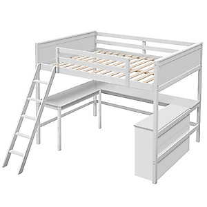 Full Size Loft Bed with L-Shaped Desk, Storage Shelves and 2 Drawers, Solid Wood Loft Bed Frame with Guardrails and Ladder for Girls Boys Junior Adults, Space-Saving Design, White