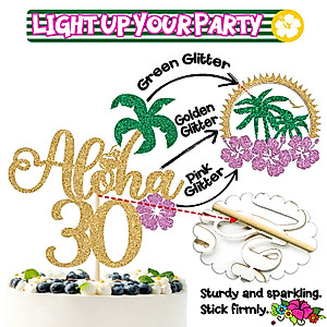 Gold Glitter Aloha 30 Cake Topper, Hello 30/Cheers to 30 Years/Happy 30th Birthday/Anniversay, Tropical Hawaiian Themed 30th Anniversary/Birthday Party Decorations