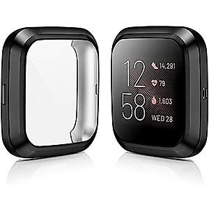 HANKN 2 Pack Case Compatible with Fitbit Versa 2 Screen Protector, Soft TPU Full Coverage Protective Cover Bumper Frame Versa 2 Smartwatch (Black+Black)