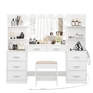 Irontar 61.9‘’L Large Vanity Desk Set with Mirror & Lights, Makeup Vanity with Stool and Charging Station, Makeup Desk with Drawers & Open Storage Shelves, Bedroom Vanity Table Set, White WDT006WD