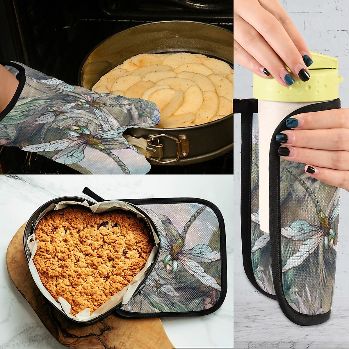 Vintage Dragonfly Oven Mitts and Pot Holders Sets Spring Summer Field Hot Pads Heat Resistant Cooking Gloves Handling Kitchen Cookware Bakeware BBQ