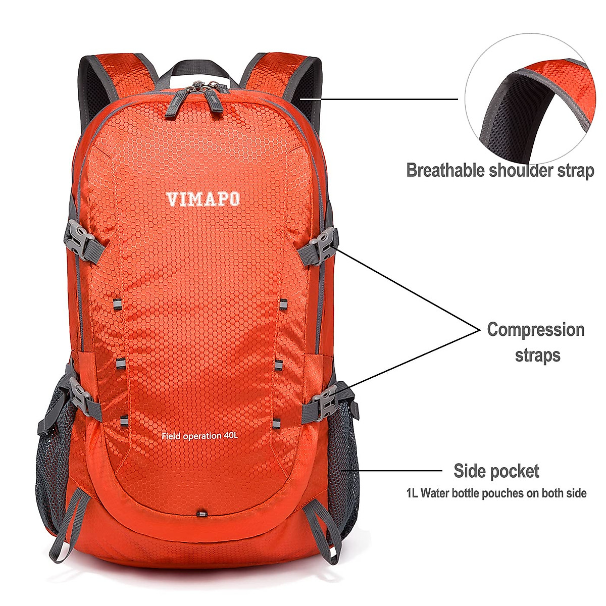 vimapo Lightweight Foldable Hiking Backpack 40L, Ripstop Nylon Packable Travel Daypack, Collapsible Backpack For Traveling Hiking Camping Touring(Orange)