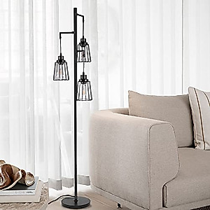 Dimmable Floor Lamp, 3 Edison Bulbs Included, 3-Light Farmhouse Industrial Standing Tree Lamp Industrial Floor Lamp with Elegant Teardrop Cage Heads Tall Lamps for Bedroom Office Dining Room