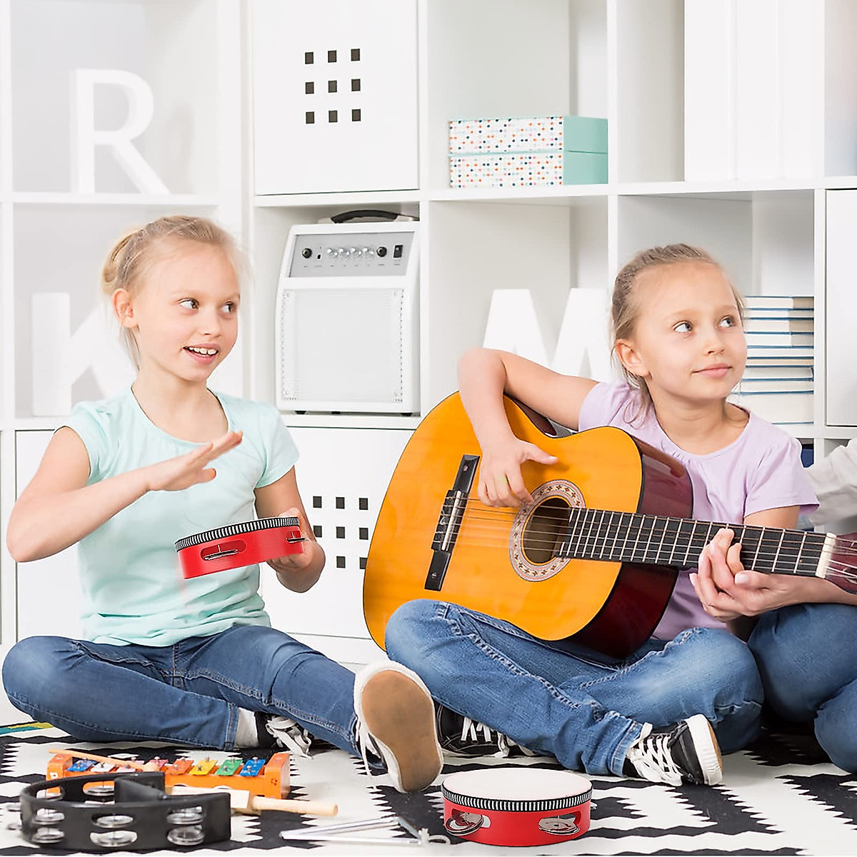 Dreokee 6 Inch Tambourine Red Wooden Handheld Tamborine with 4 Pair Metal Jingle Bells Percussion Instrument Musical Instrument Tambourines for Adults Party Education Church