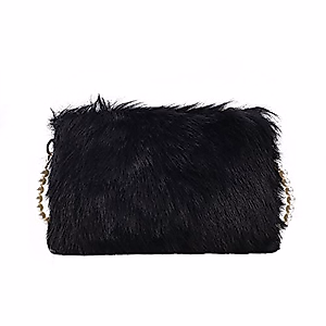 Oweisong Faux Fur Clutch Purses for Women Evening Bag Fluffy Fuzzy Handbags Black Furry Shoulder Bag for Wedding Party