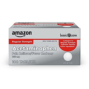 Amazon Basic Care Pain Relief, Acetaminophen Tablets 325 mg, Regular Strength, Pain Reliever and Fever Reducer, 100 Count