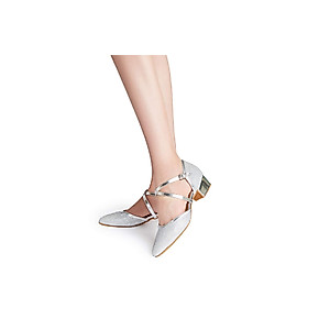 HXYOO Closed Toe Low Heel Glitter Ballroom Dance Shoes for Women Salsa Latin Wedding Party 1 1/2“ Heel S11-1(Silver-1 1/2",9.5)