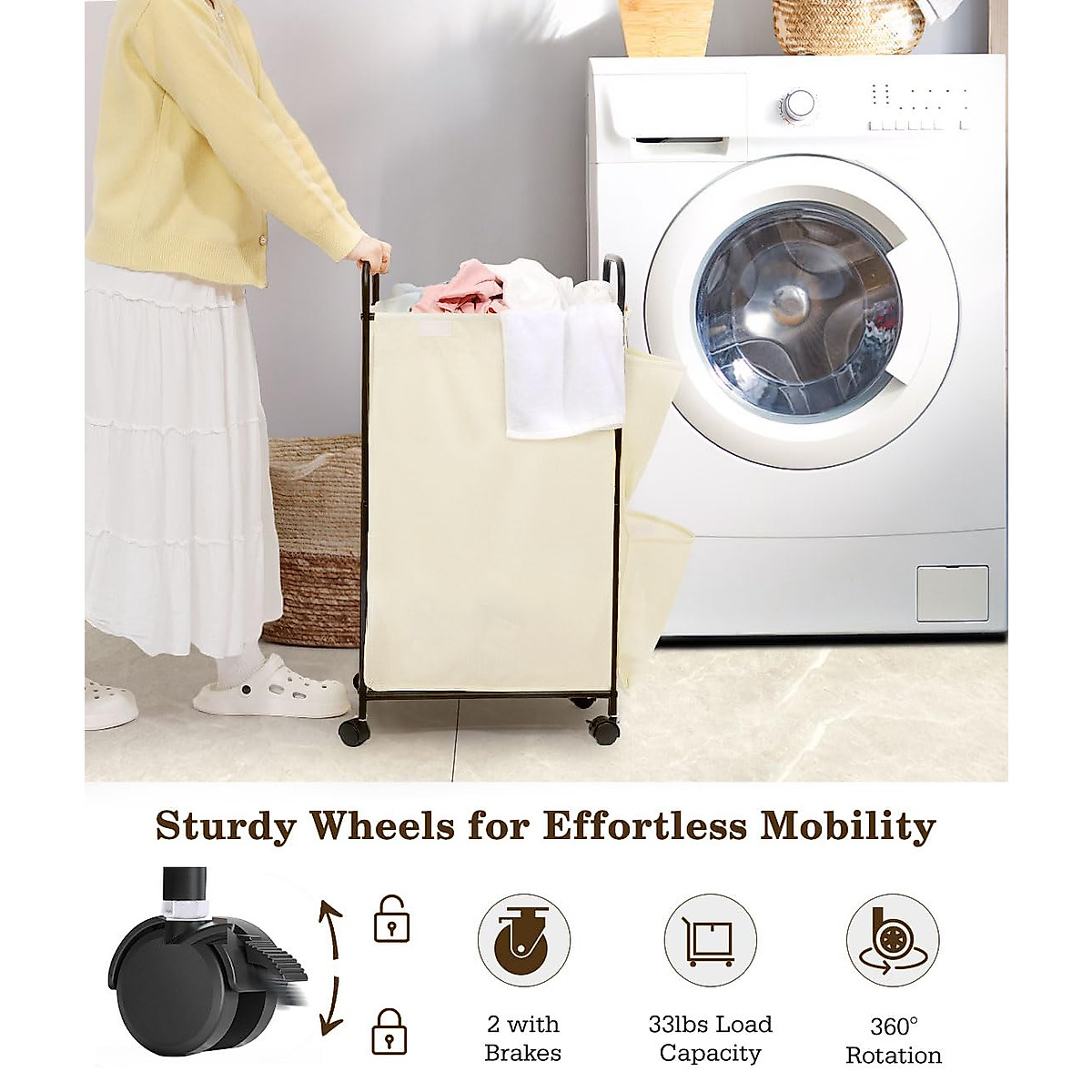 Luxspire 75L Slim Laundry Hamper with Wheels, Rolling Laundry Basket with Lid, Removable Clothes Hamper with Metal Frame, Narrow Laundry Hamper for Dorm, Bedroom, Nursery, Closet, Small, Beige