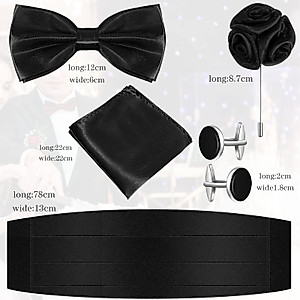 Geyoga 5 Pcs Mens Cummerbund Bow Tie Set Halloween Accessories for Men Party Wedding, Cummerbund Bow Tie Pocket Square Cuff Links(Black)