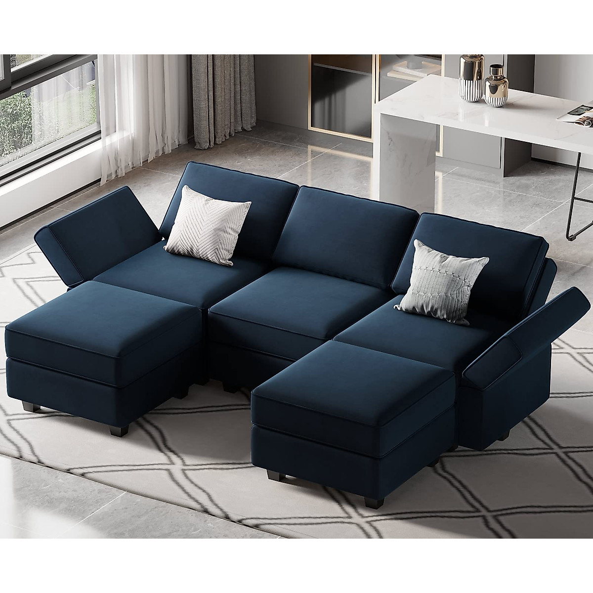 Belffin Modular Sectional Sofa with Double Chaise Velvet U Shaped Sofa Reversible Sectional Couch with Storage Blue