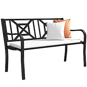 Maemttes Black Outdoor Bench, Metal Weatherproof Garden Bench Cast Iron Heavy-Duty Patio Bench with Decorative Backrest for Proch Park 880lb Capacity