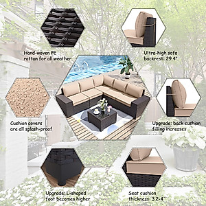 ALAULM Patio Furniture Sets 6 Pieces Patio Sectional Outdoor Furniture Patio Sofa Chairs Set All Weather PE Rattan Wicker Couch Conversation Set with 5 Khaki Thickened Cushions & Coffee Table
