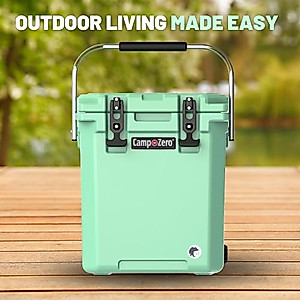 CAMP-ZERO 16L Tall Cooler/Ice Chest with 2 Molded-in Cup Holders & Folding Aluminum Handle | Thick Walled, Freezer Grade Cooler with Secure Locking System & Removable Divider (Mint Green)