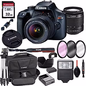 Canon T100 Rebel DSLR Camera with 18-55mm f/3.5-5.6 Zoom Lens + 32GB Card, Tripod, Flash, and More (18pc Bundle)