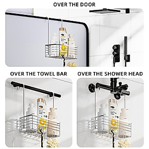 SHANSHUI Shower Hanging Caddy, Bathroom Shower Organizer Basket, Shampoo Bracket, Over Door Shower Rack with Hooks, 304 Stainless Steel Rustproof