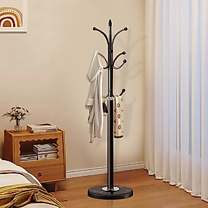 Tenkovic Metal Coat Rack Stand with Natural Marble Base, Coat Rack Freestanding, Sturdy Hall Tree with 12 Hooks for Hanging Clothes, Bags, Scarfs, Coat Hanger for Entryway, Hallway (Black)