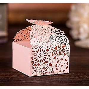 KAZIPA 50pcs Laser Cut Favor Boxes, 2.6" x 2.6" x 1.6" Floral Favor Boxes, Party Favor Boxes for Bridal Shower Anniverary Wedding Party Favor, Pink