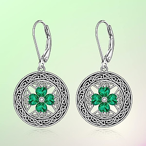 St Patricks Day Shamrock Earrings for Women Sterling Silver Green Celtic Knot Four Leaf Clover Irish Dangle Drop Earrings Crystal Vintage Black Circle Leverback Valentines Day Gift
