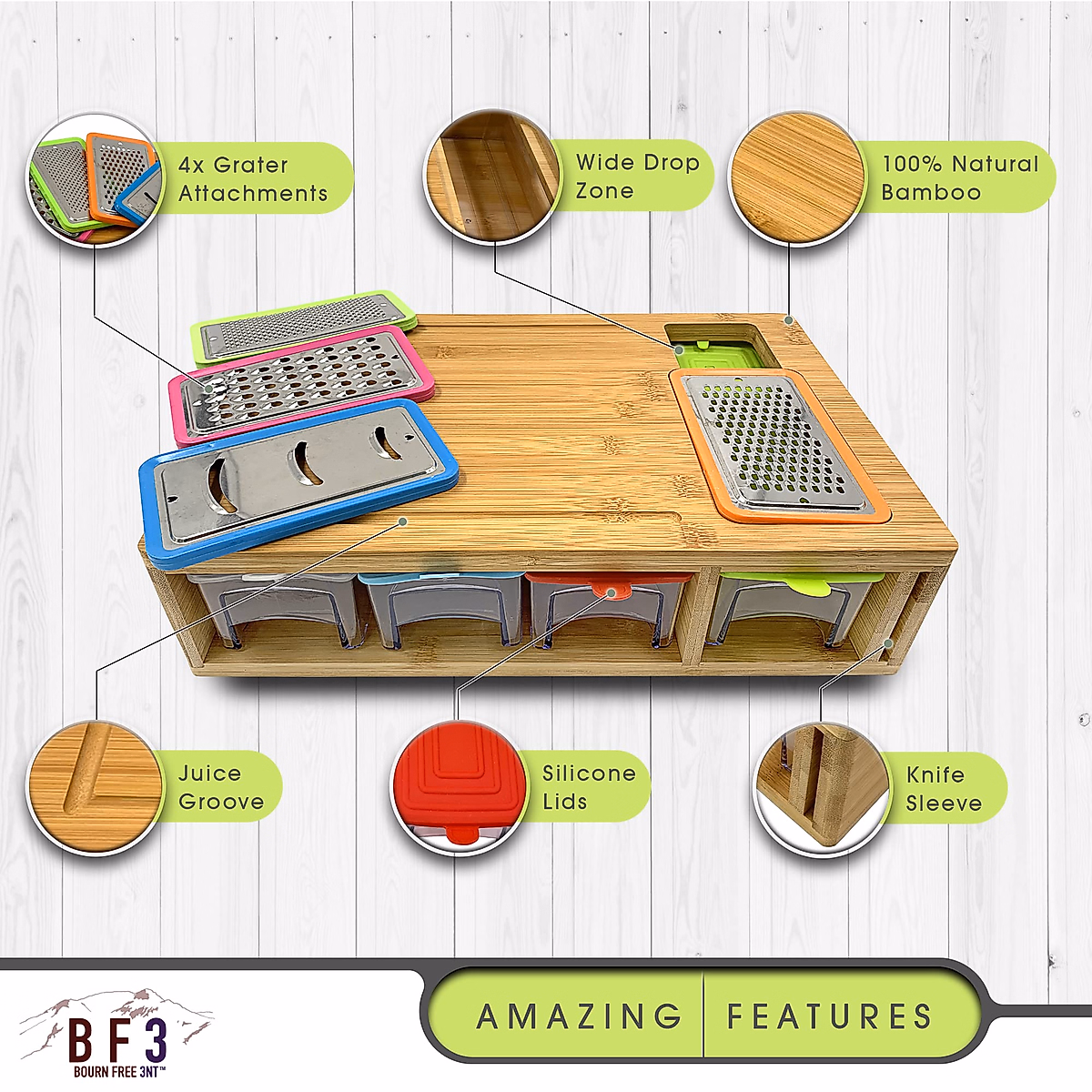 Bamboo Cutting Board with 4 Container Trays with Lids, with Juice Grooves, Knife Sleeve, Graters & Food Sliding Opening