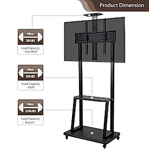 Mobile TV Stand for 32-85inch Flat Curved Screen TV Cart,with Media Shelf Tray,Height Adjustable Heavy Floor TV Stand,Portable TV Stand with Wheels Holds Up to 180lbs,Max VESA 600 * 400mm