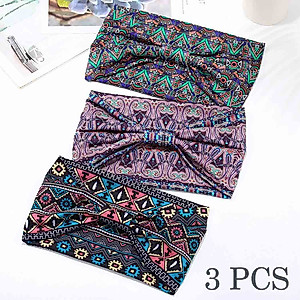 Aceorna Boho Headbands Wide Knotted Hairbands Stretch Printed Head Bands Bohemia Head Wraps for Women 3 Pcs (Set A)