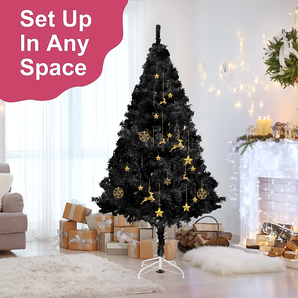 Adiwiid 6ft Halloween Black Christmas Tree with 550 Branch Tips for Home, Office, Party Decoration,Artificial Christmas Tree for Xmas Seasonal Holiday Decoration Indoor Outdoor (Black)