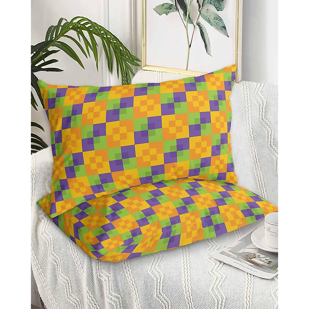 Edwiinsa Halloween Pillow Covers Standard Size Set of 2 Bed Pillow, Yellow Green Purple Plaid Checkered Geometric Plush Soft Comfort for Hair/Skin Cooling Pillowcases with Envelop Closure 20''x26''