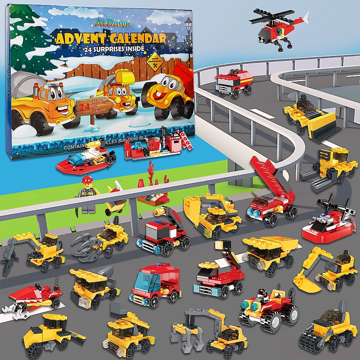 ATDAWN Christmas Advent Calendar 2023 with 24 Different Construction Vehicles Building Blocks, Car Stocking Stuffer Toys, Countdown to Christmas Building Block Toy for Kids Toddlers Teen