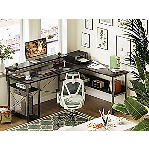ODK Corner Computer Desk, 61" Reversible L Shaped Desk with Storage Shelves & Monitor Stand, Home Office Desk, Gaming Desk, Writing Desk, Black