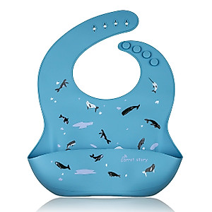 Carrot story 100% Silicone Pocket Baby Toddler Bibs, Waterproof Washable Bibs, BPA Free, Microwave/Dishwasher Safe, Set of 2 (Whales & Rockets)
