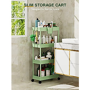 LEHOM Slim Rolling Storage Cart - 4 Tiers Bathroom Organizer Utility Cart Slide Out Storage Shelves Mobile Shelving Unit for Kitchen, Bedroom, Office, Laundry Room, Small Narrow Spaces, Green