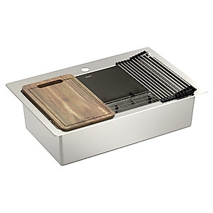 Moen Luxe Chef 18-Gauge Stainless Steel Dual Mount 33" x 22" Single Bowl Workstation Sink, Includes Cutting Board, Flexible Drying Rack, Colander, Bottom Sink Grid, and Drain, GS181012BUX