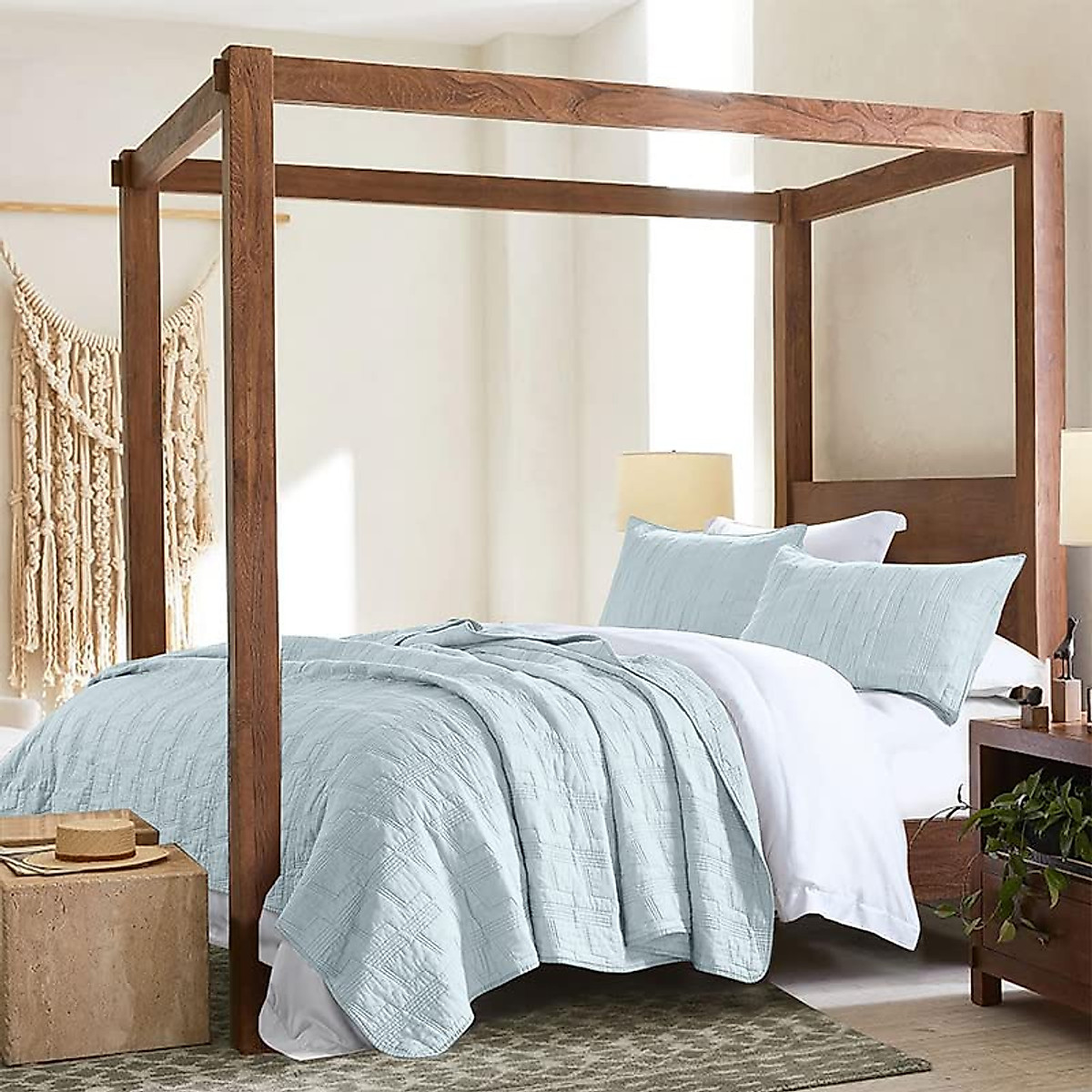 100% Cotton Quilt Set Queen Size, Baby Blue Pre-Washed 3-Piece Bedspread Coverlet Set, Cozy Lightweight Stitching Decorative Bedding Cover with 2 Shams in Geometric Pattern Rustic Style for All Season