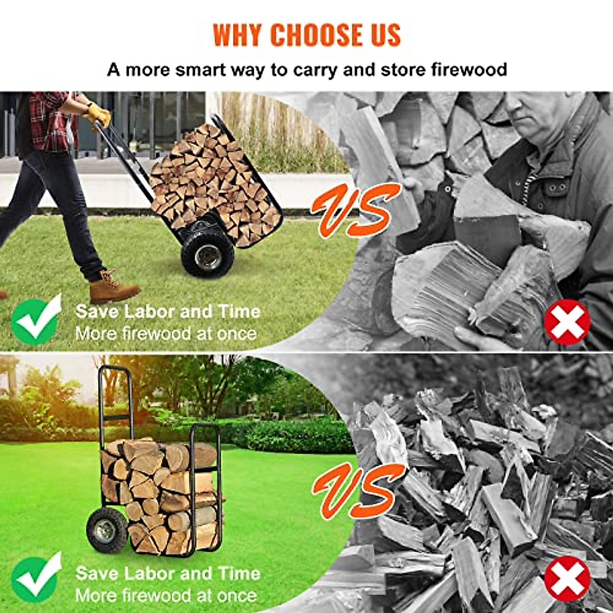 VEVOR Firewood Cart, 220 lbs Weight Capacity, Wood Carrier with Wheels, Binding Rope and Water-proof Tarp, Utility Log Rack for Storage and Move, Dolly Hauler for Indoor and Outdoor Fireplace, Black