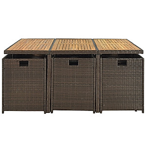 11-Piece All-Weather Outdoor PE Wicker Dining Table Set, Acacia Wood Table with Adjustable Feet and Foldable Dining Chair, Rattan Dining Furniture Set, Space-Saving