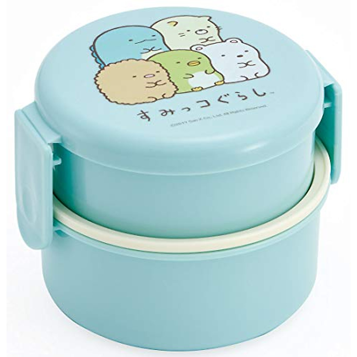 Skater Sumikkogurashi 2 Tier Round Bento Lunch Box with Folk (17oz) - Authentic Japanese Design - Microwave Safe - Blue
