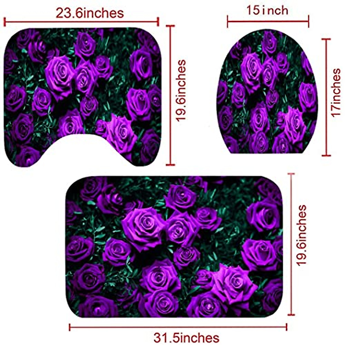 MrLYouth Many Purple Rose Shower Curtain Sets with Rugs 4Pcs Waterproof Polyester Durable Bathroom Non-slip Bath Mat and Toilet Lid Cover Botanical Floral 12 Hooks 71x71inch