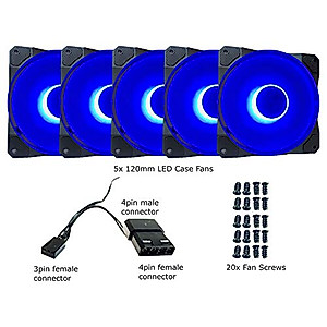 Apevia CO512L-BL Cosmos 120mm Blue LED Ultra Silent Case Fan w/ 16 LEDs & Anti-Vibration Rubber Pads (5 Pk)