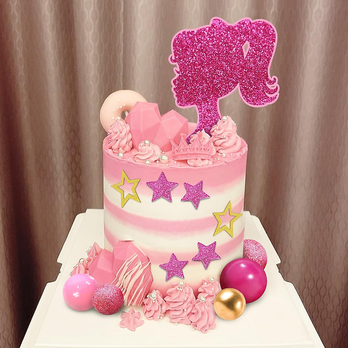 36 PCS Hot Pink Girl Cake Topper Balls Cake Decorations with Pink and Gold Balls Shiny Stars for Wedding Baby Shower Anniversary Girl Birthday Themed Party Supplies (Stars)