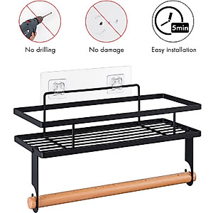 KES Paper Towel Holder with Shelf Storage Wall Mount, Adhesive Paper Towel Holder with Spice Holder for Kitchen, Hanging Spice Rack, Matte Black, KPH506DF-BK