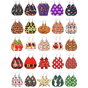 Hicarer 25 Pairs Christmas Faux Leather Earrings Halloween Thanksgiving Holiday Fall Leather Teardrop Dangle Earrings for Women