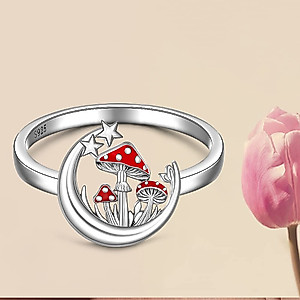 Fenthring Sterling Silver Mushroom Ring Moon Red Magic Mushroom Rings for Women Celestial Band Mushrooms Jewelry Size 9