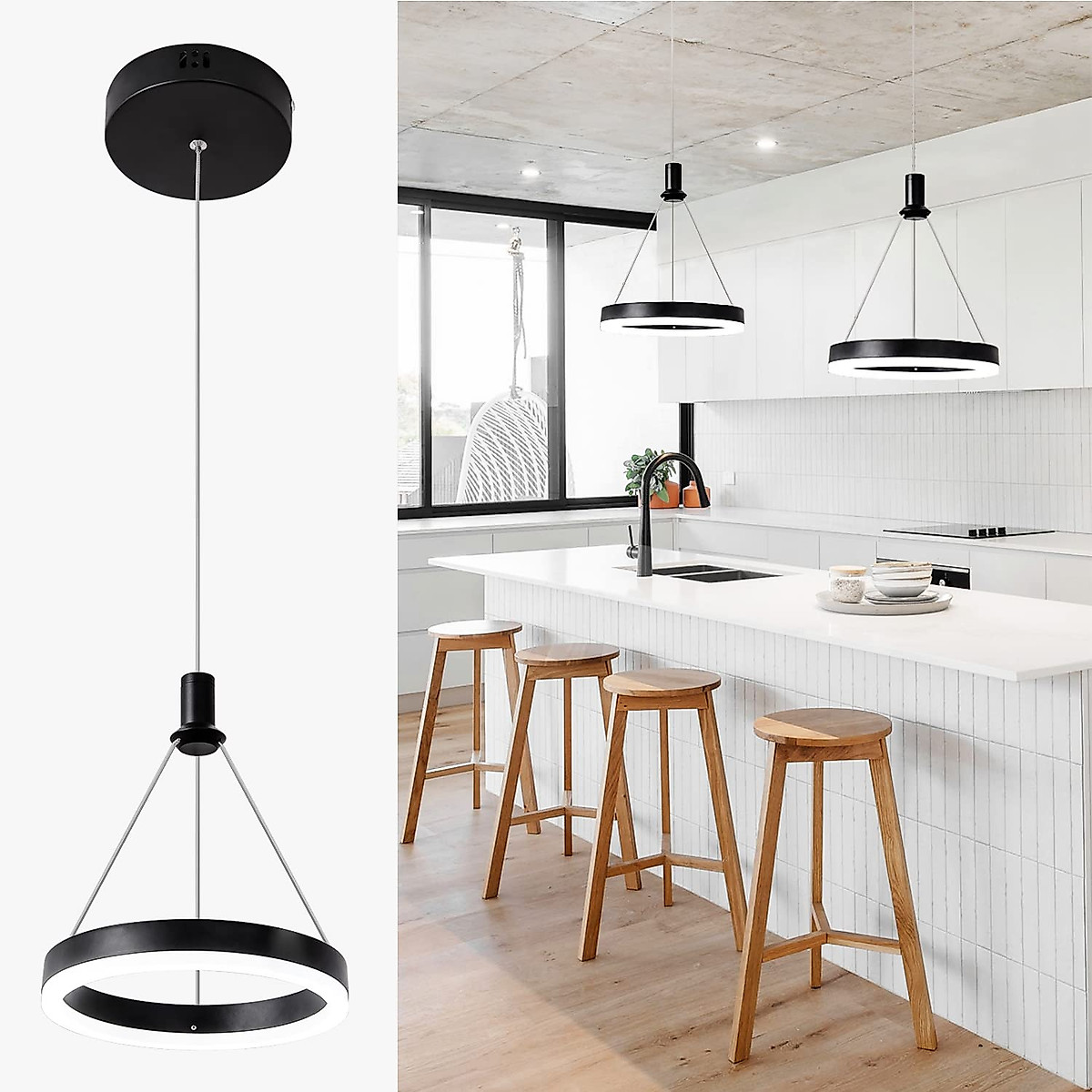 Viruhaka Dimmable LED Pendant Light Kitchen Island 15W Modern Dining Room Black Chandelier 1-Ring Pendant Lighting Bedroom Bedside 59in Cord Adjustable, 6000K Daylight…