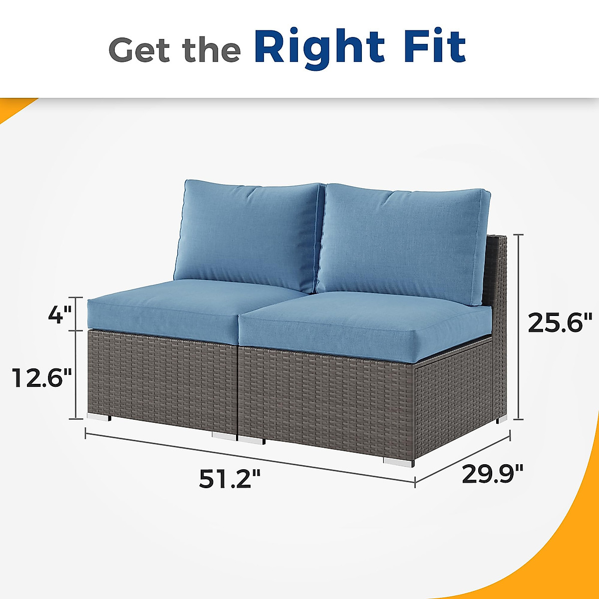 Wisteria Lane 2 Piece Patio Armless Sofa, Outdoor Wicker Sectional Furniture with Cushion, Additional Loveseats for Garden Backyard, Blue