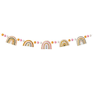 JAPBOR Boho Rainbow Banner, Bohemian Wall Hanging Garland and Felt Balls Decor Supplies for Baby Shower Birthday Party Summer Festivals Wedding Bedroom Home Classroom Decorations