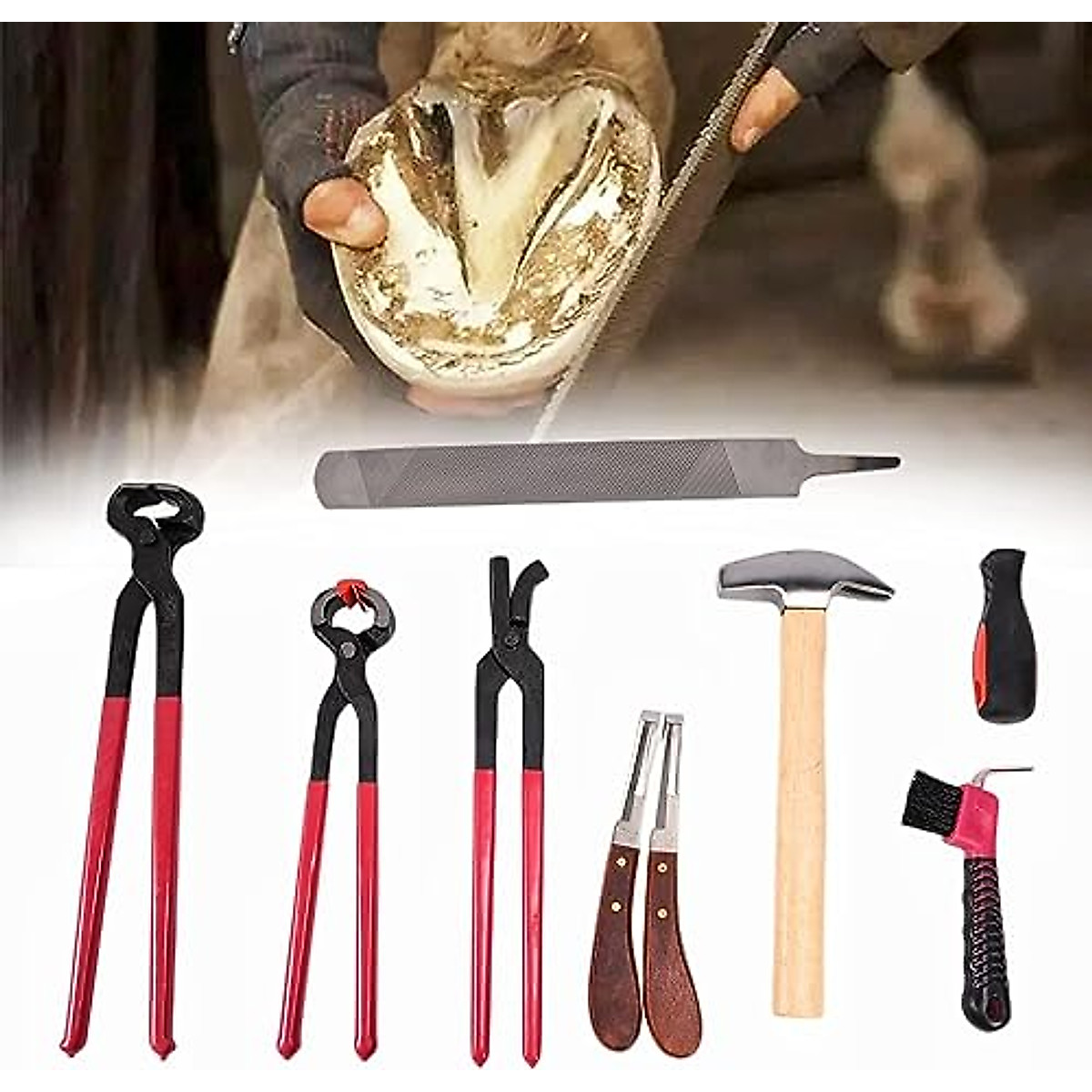 lukar 8PCS Horse Hoof Trimmers Farrier Tools Kit, Includes Horse Hoof Nipper, Horseshoe Cutting Pliers, Hoof Nail Clincher, Hoof Hammer, Hoof Knife, Rasp File, Horseshoe Brush