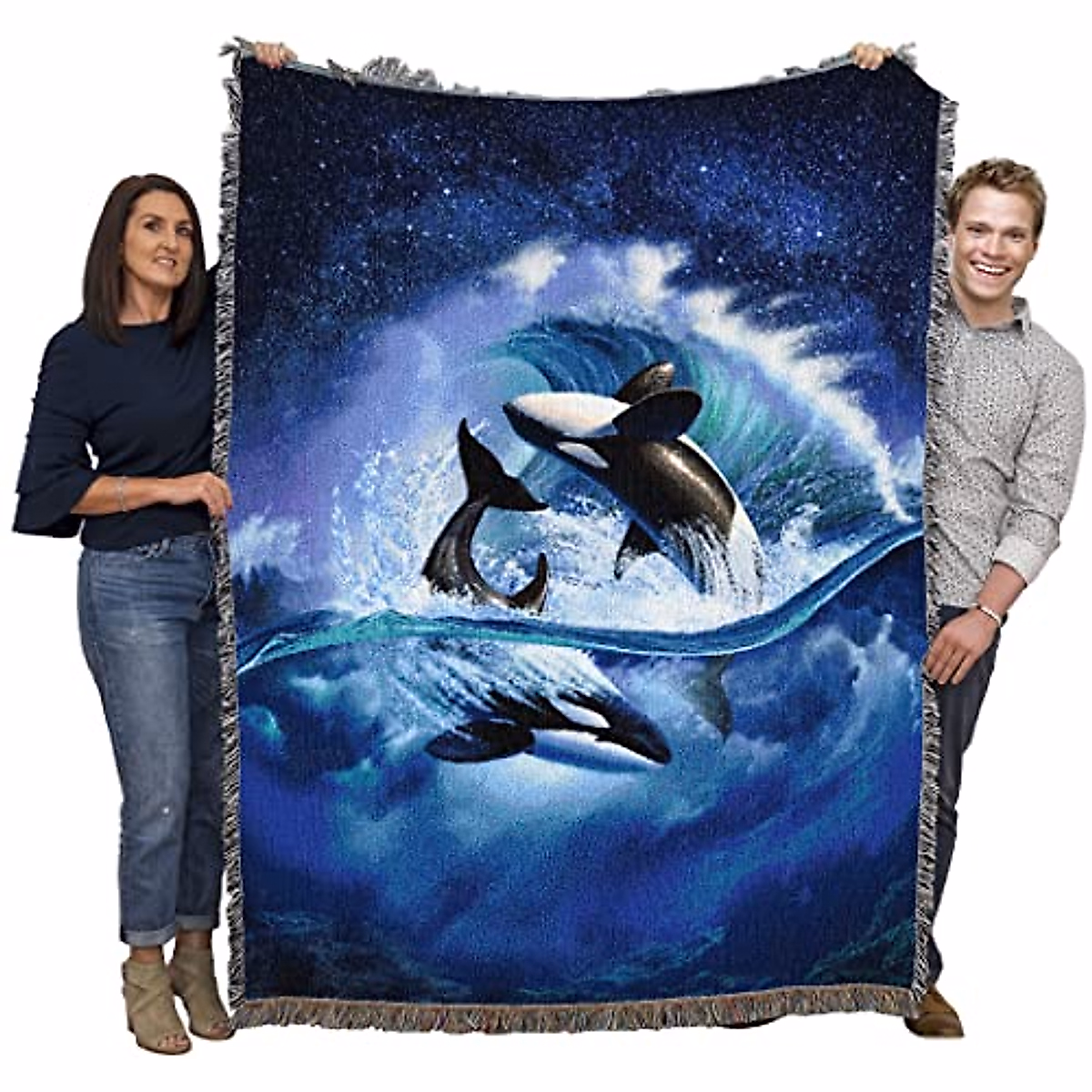 Pure Country Weavers JL Orca Wave Blanket by Jerry LoFaro - Ocean Whales Gift Tapestry Throw Woven from Cotton - Made in The USA (72x54)