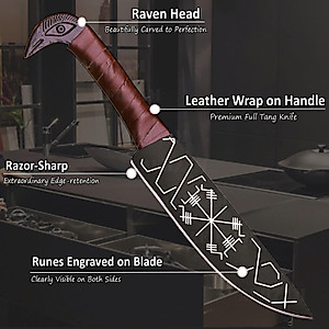 AFHZAM Viking Knife With Raven's Head Hilt & Leather Sheath | Hand Forged High Carbon Steel Blade | Camping Viking Engraved Fixed Blade Knives | Viking Gifts For Men (Kuk-114)